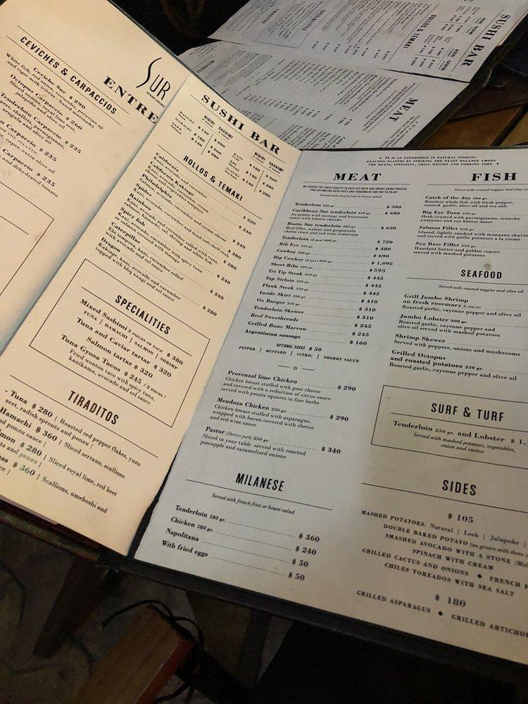 Menu at Sur Steakhouse, Playa del Carmen