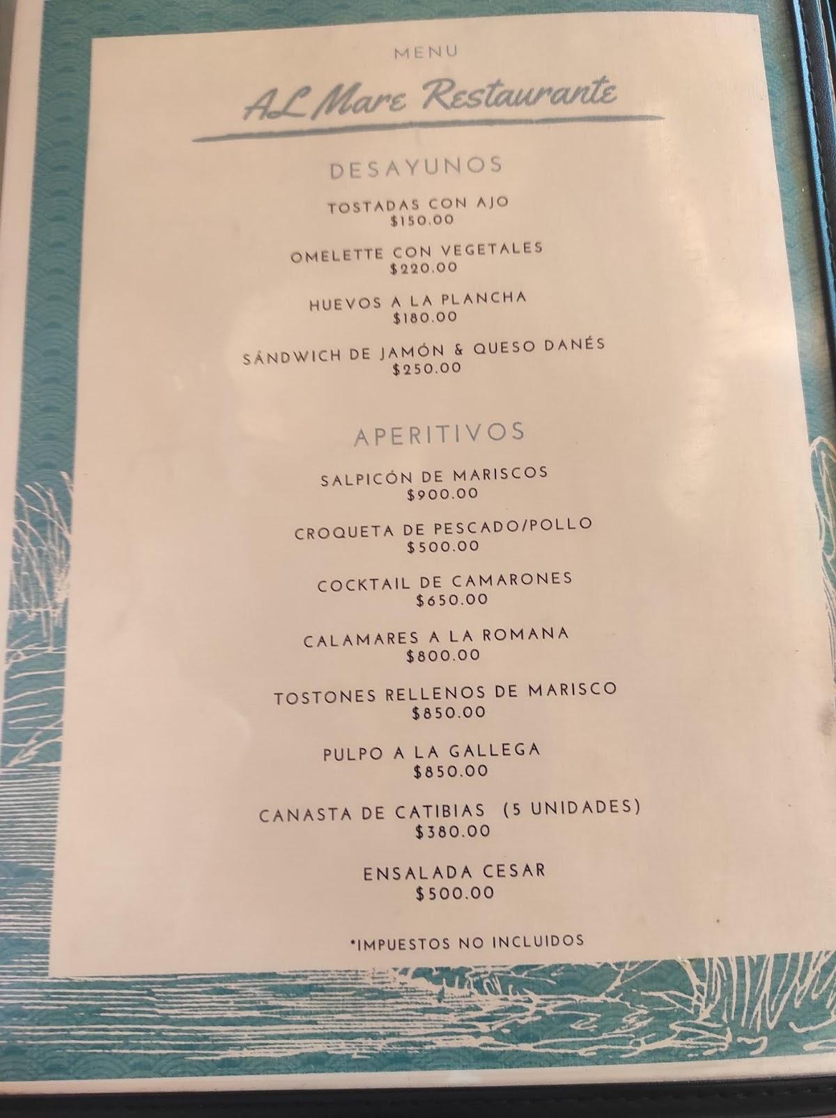 Carta de Al Mare Restaurant, Playa Juan Dolio