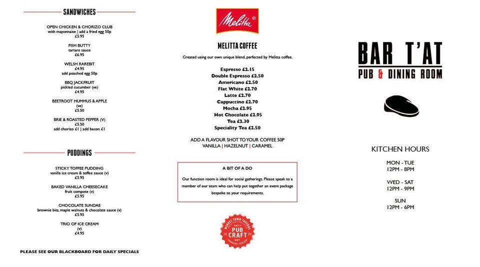 Menu at Bar T'at, Ilkley