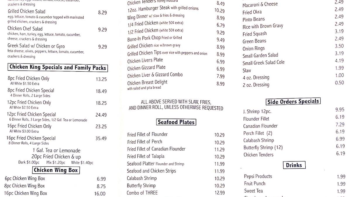 Menu at Chicken King restaurant, Chester, J A Cochran Bypass