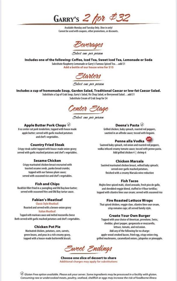 Menu at Garry's Grill restaurant, Severna Park