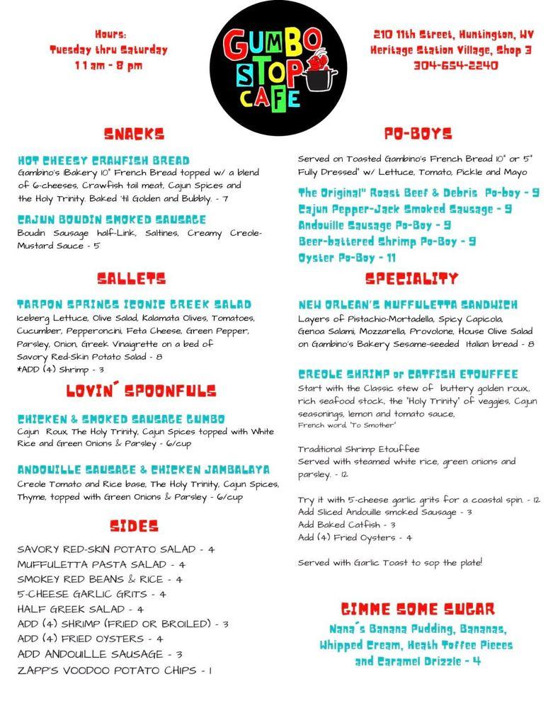 Menu at Gumbo Stop Cafe, Huntington