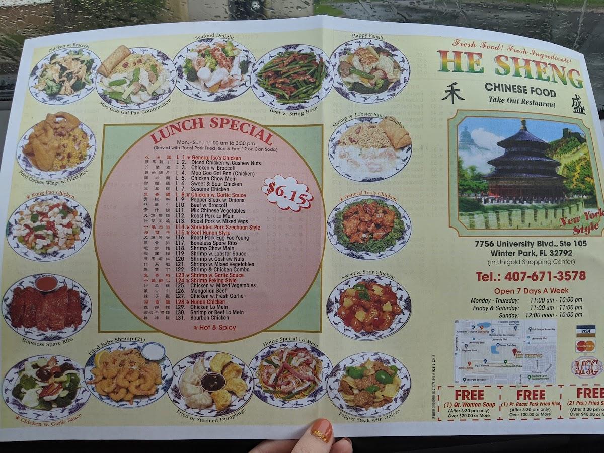 Menu at He Sheng restaurant, Winter Park