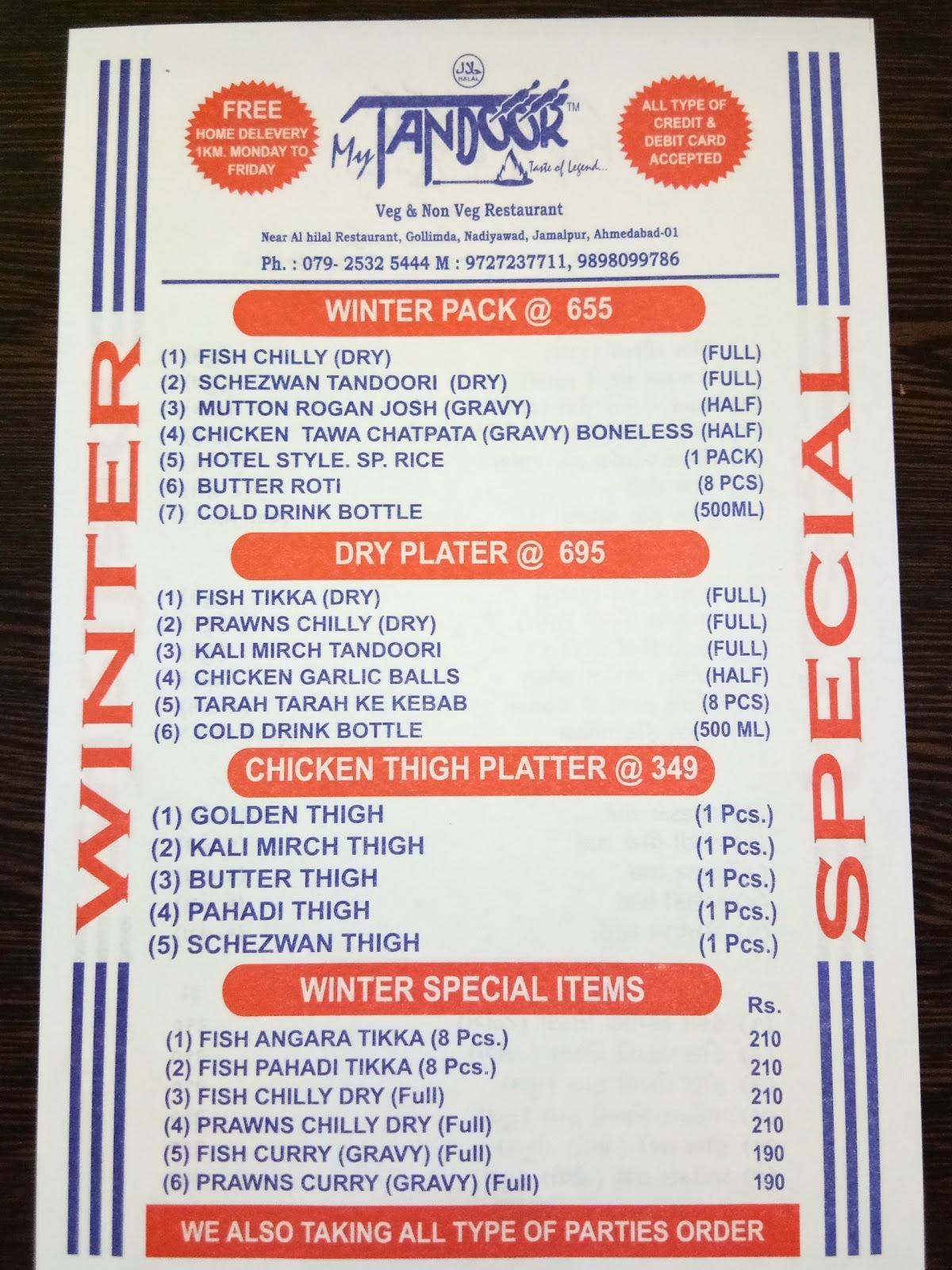 Menu at My Tandoor Restaurant, Ahmedabad, Gol-limda