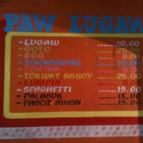 Menu at Paw Lugaw restaurant, Valenzuela