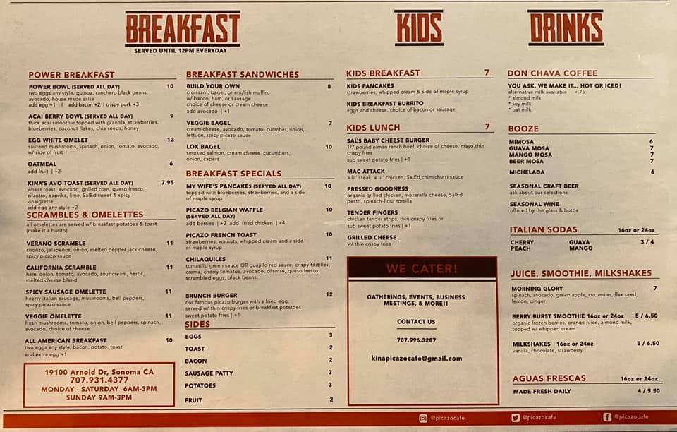 Menu at Picazo Cafe, Sonoma