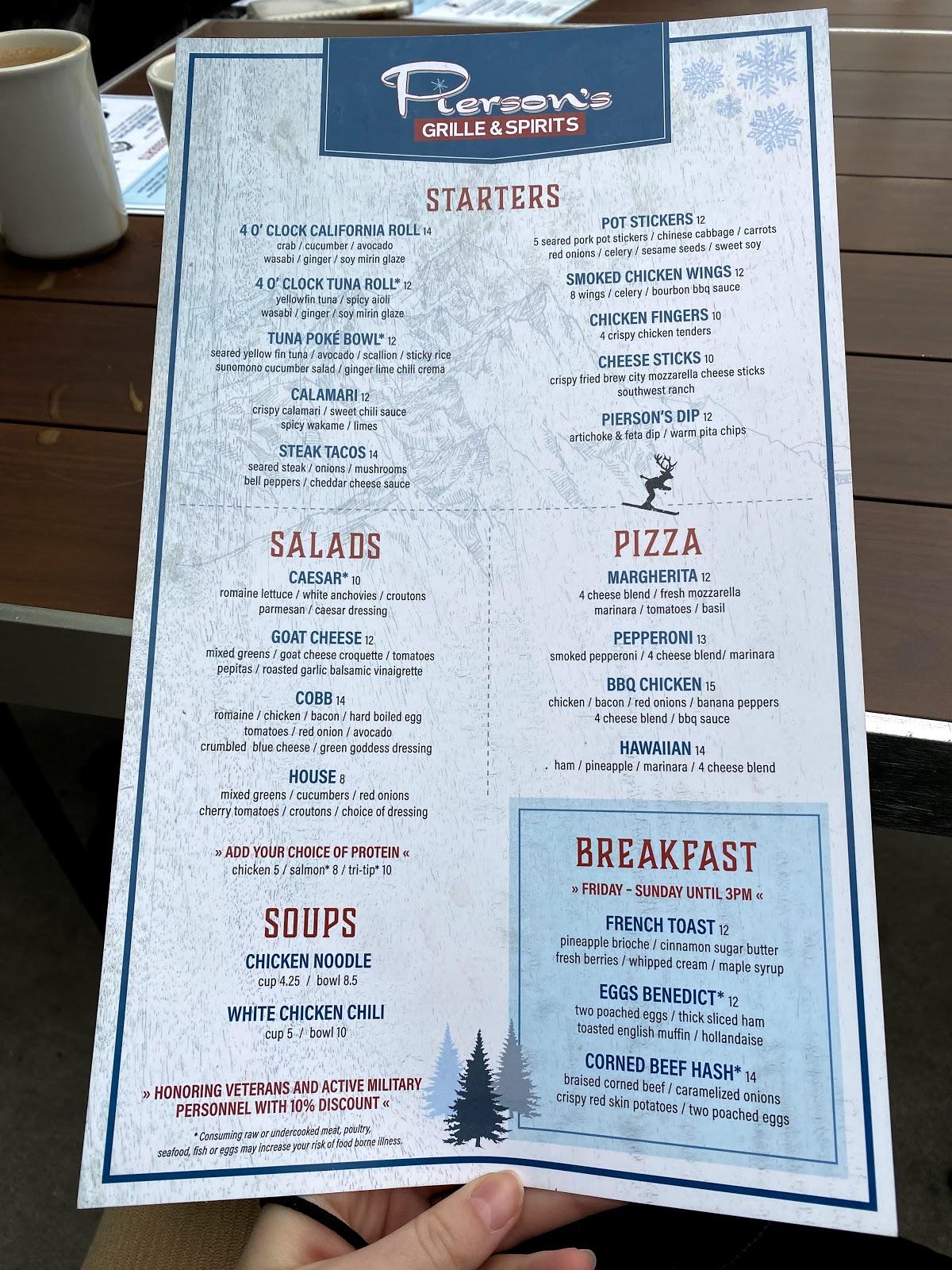 Menu at Pierson's Grille & Spirits pub & bar, Harbor Springs