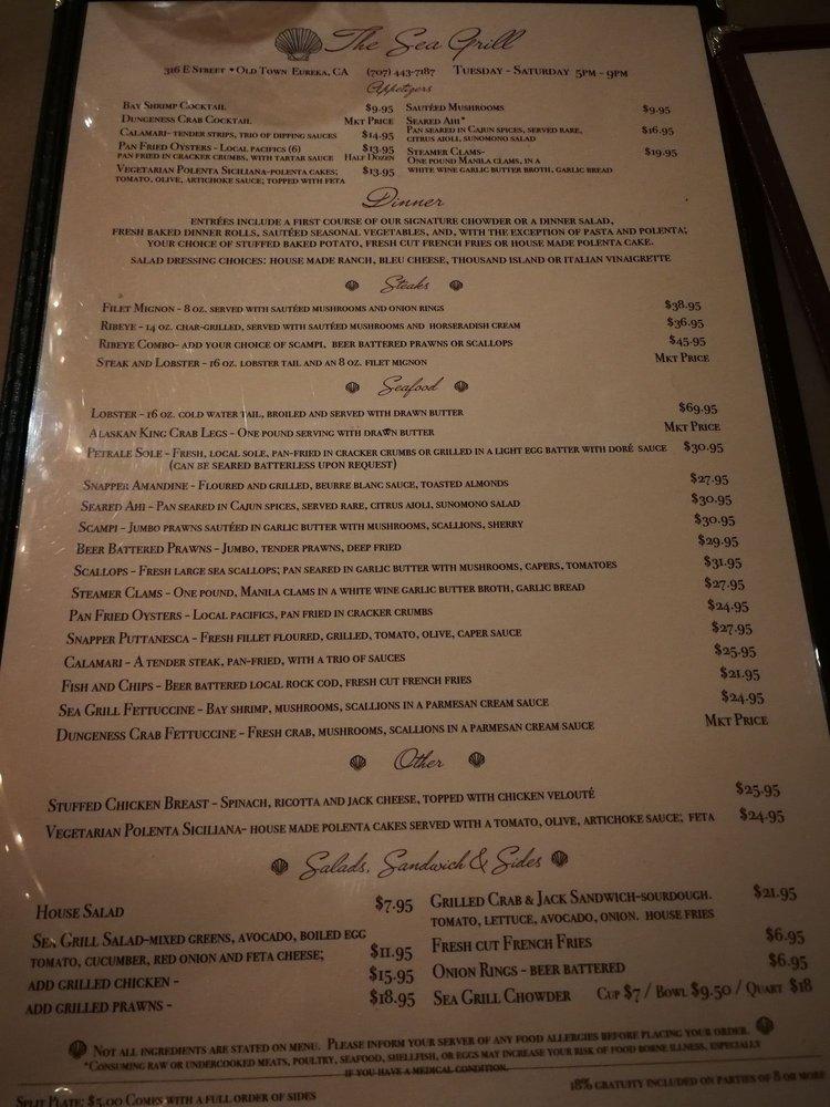 Menu at Sea Grill restaurant, Eureka