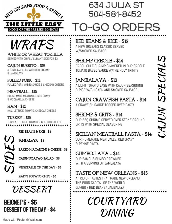 Menu at The Little Easy pub & bar, New Orleans