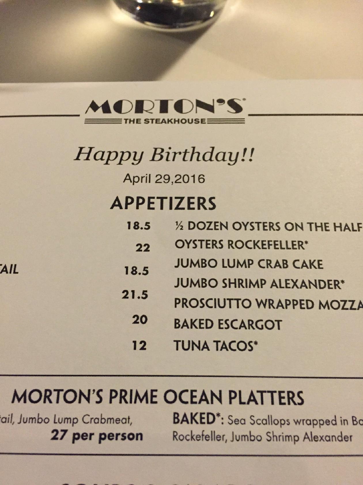 Menu at Morton's The Steakhouse, Fort Lauderdale