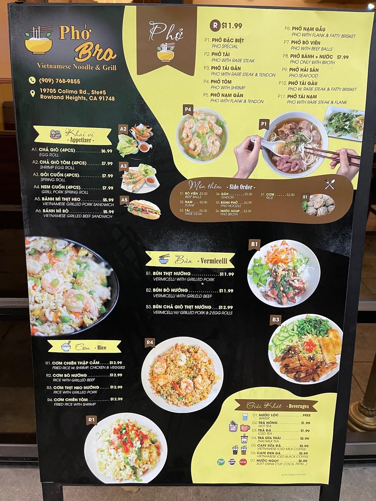 Menu at Pho Bro restaurant, Rowland Heights