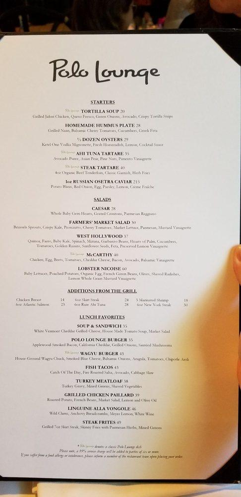 Menu at Polo Lounge restaurant, Beverly Hills