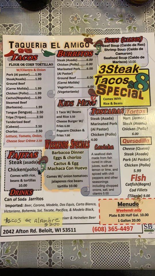 Menu at El Amigo restaurant, Beloit