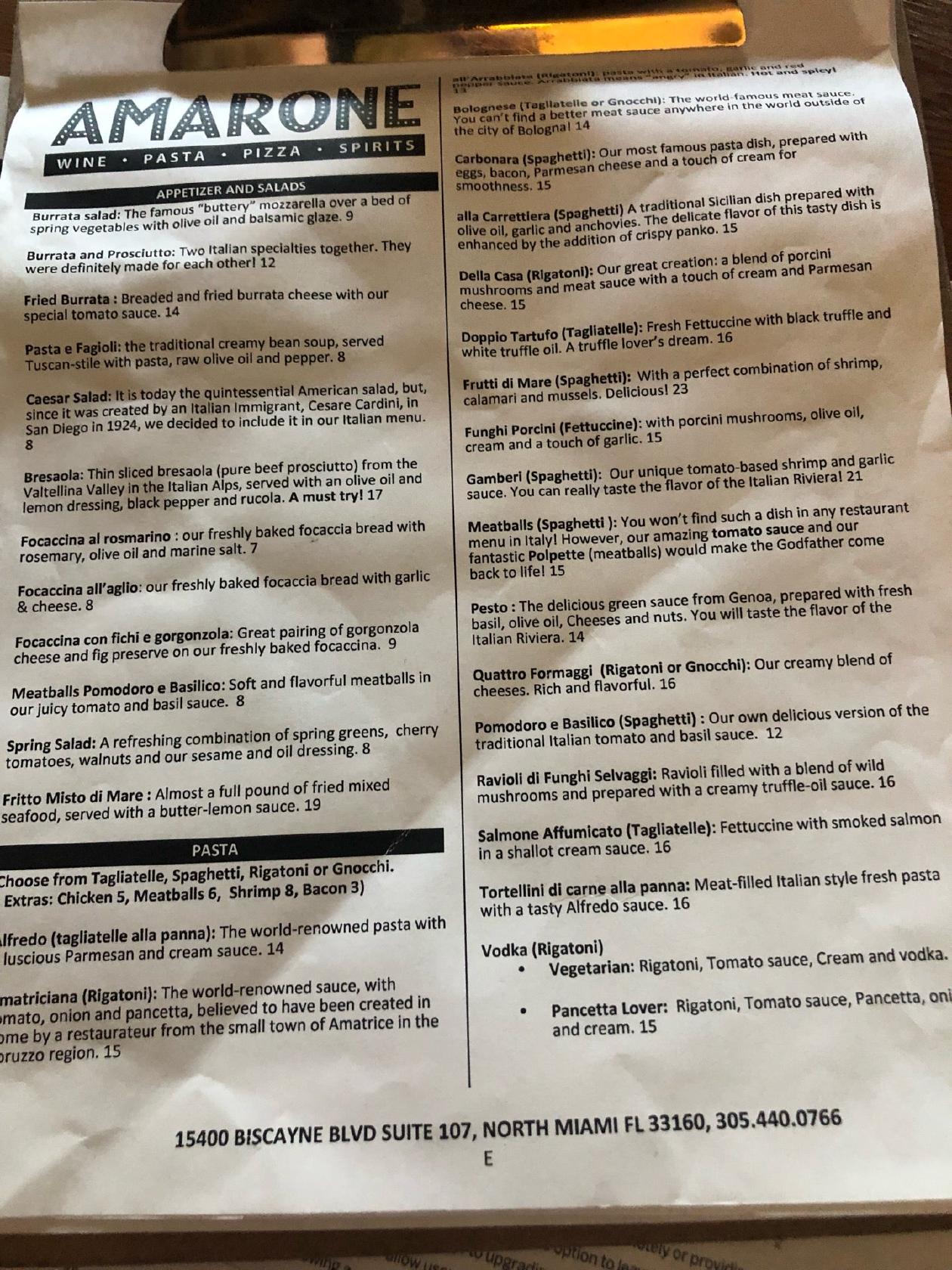 Menu at Amarone pub & bar, Aventura, Biscayne Blvd #107