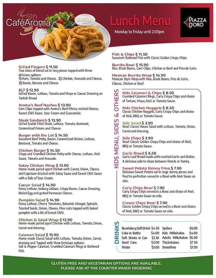 Menu at Cafe Aroma on Kariboe, Biloela