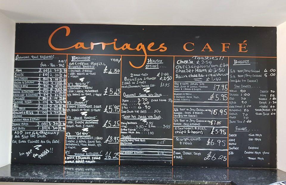 Menu at Carriages Cafe, Aldershot