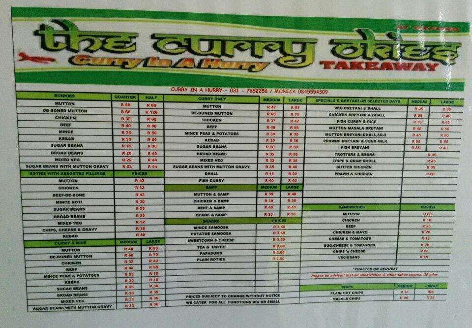 Menu at The Curry Okies restaurant, Hillcrest