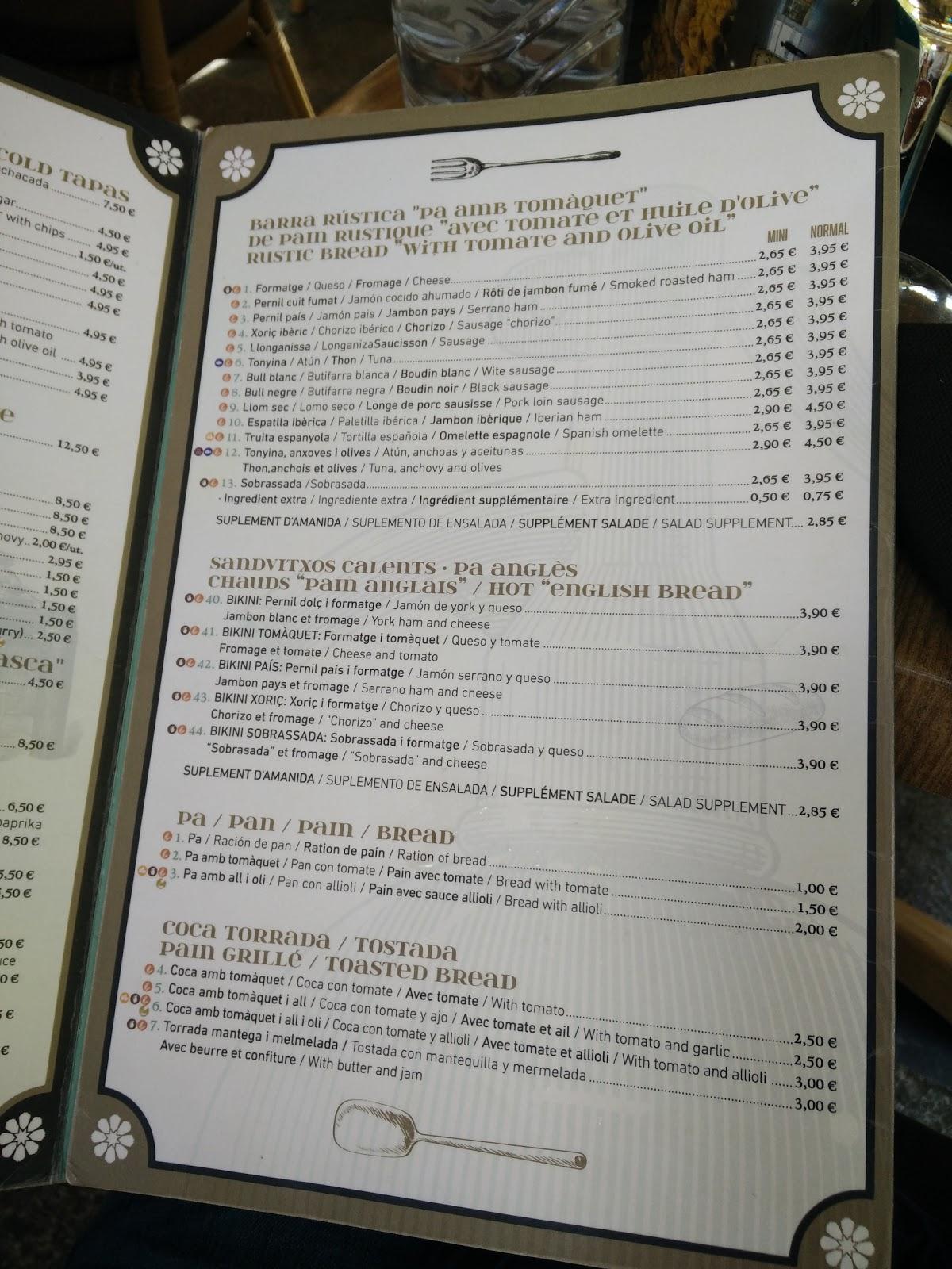 Menu at La Tasca pub & bar, Girona