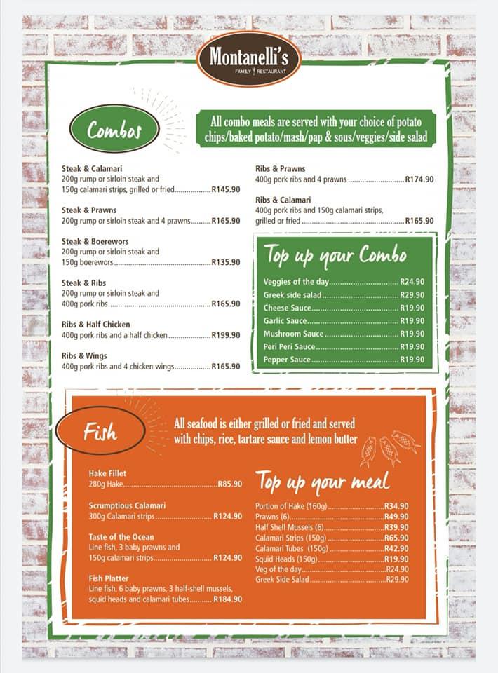 Menu at Montanelli's Family Restaurant, Pretoria