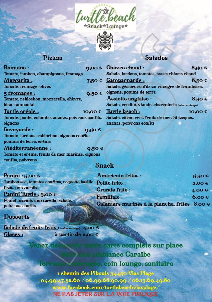 Menu at Turtle Beach restaurant, Vias