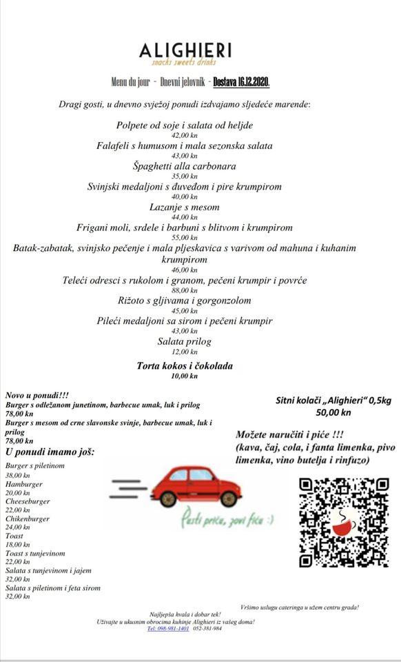 Menu at Bistro Alighieri restaurant, Pula