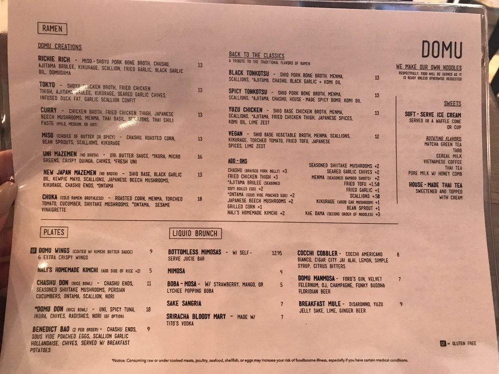 Menu at DOMU pub & bar, Orlando, 3201 Corrine Dr Suite 100