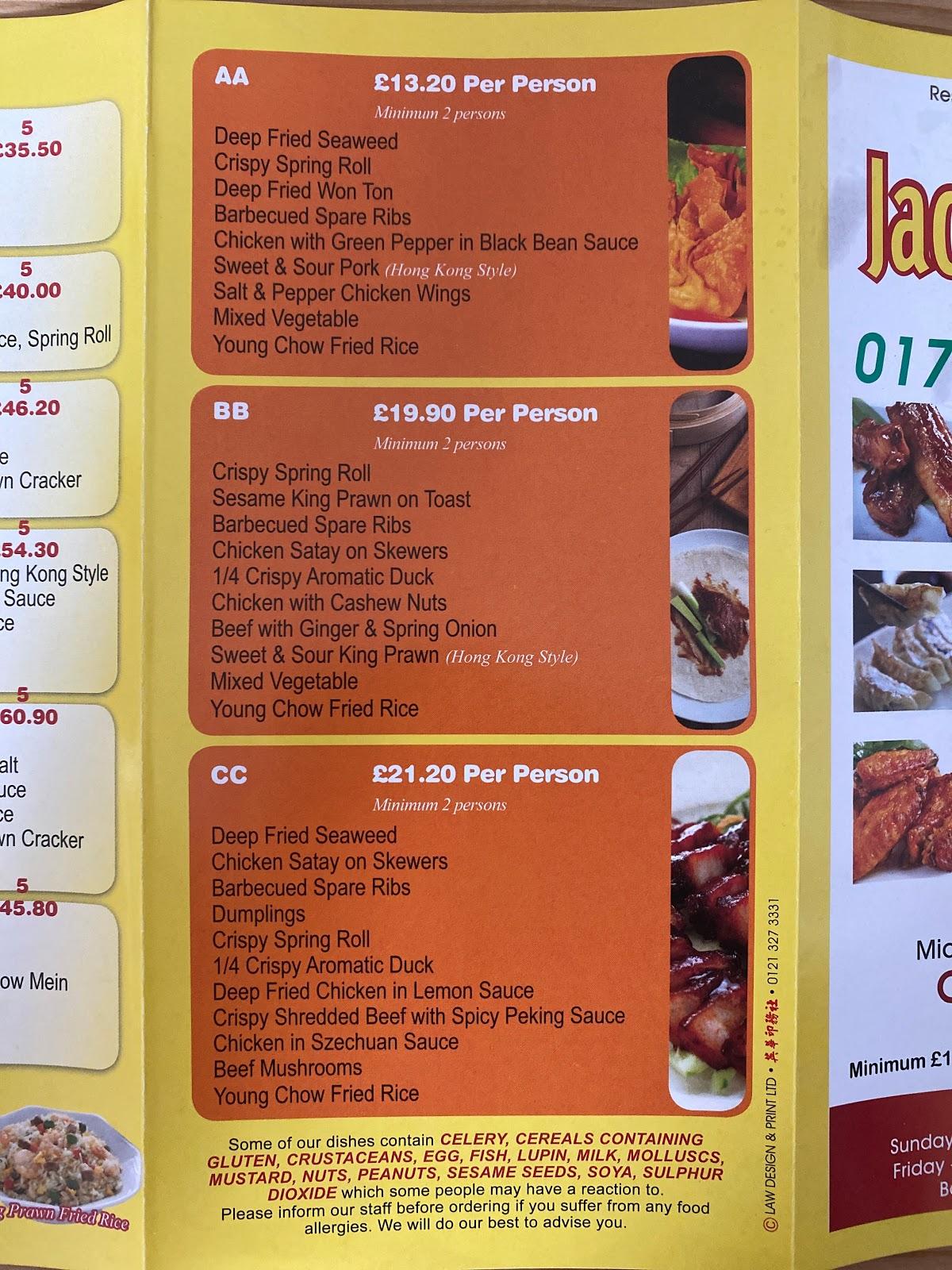 Menu at Jackie Chan fast food, Midsomer Norton