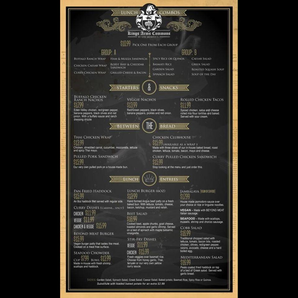 Menu at Kings Arms Commons pub & bar, Wolfville