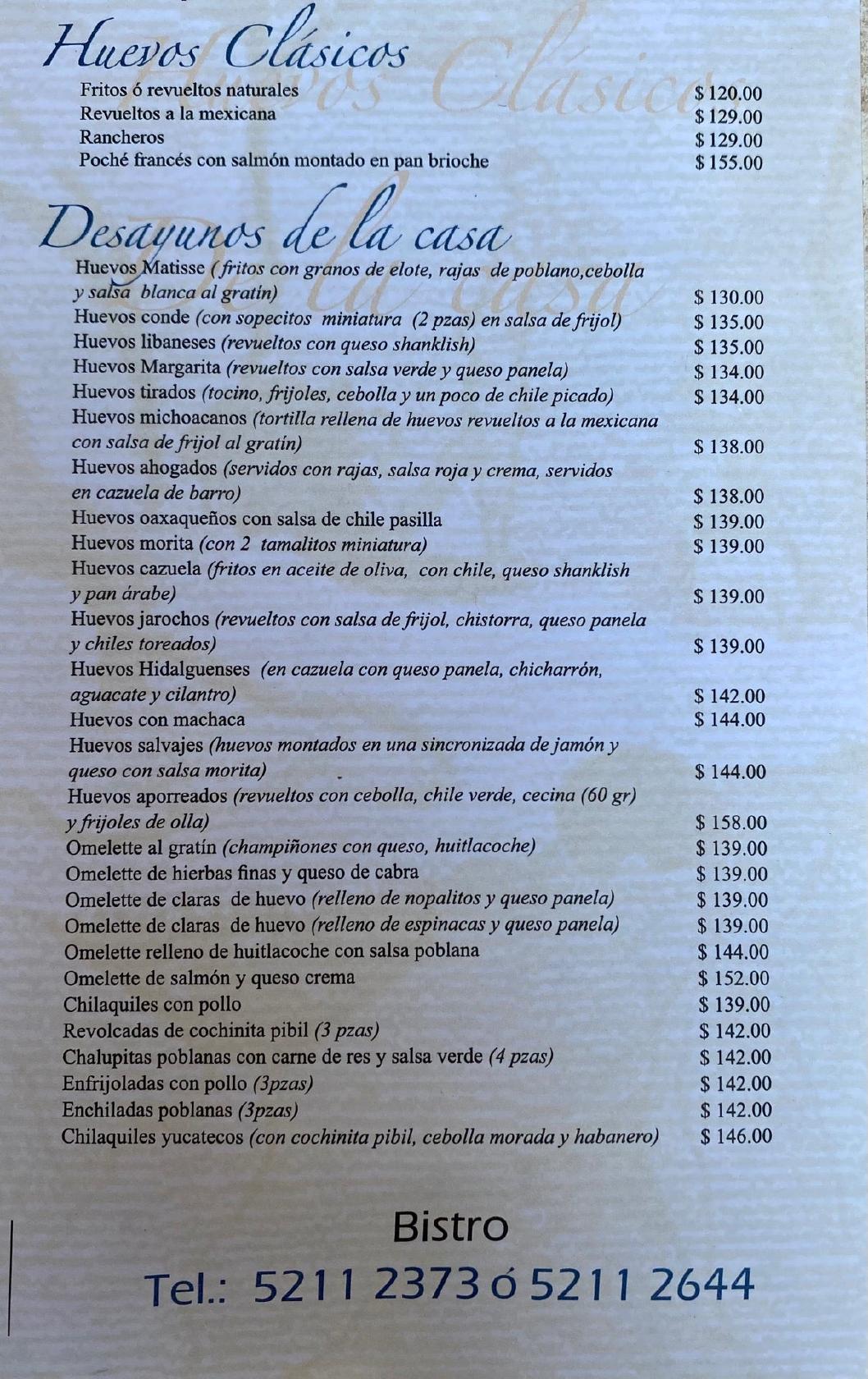 Carta del restaurante Matisse Del Valle, Ciudad del México, Eugenia 111