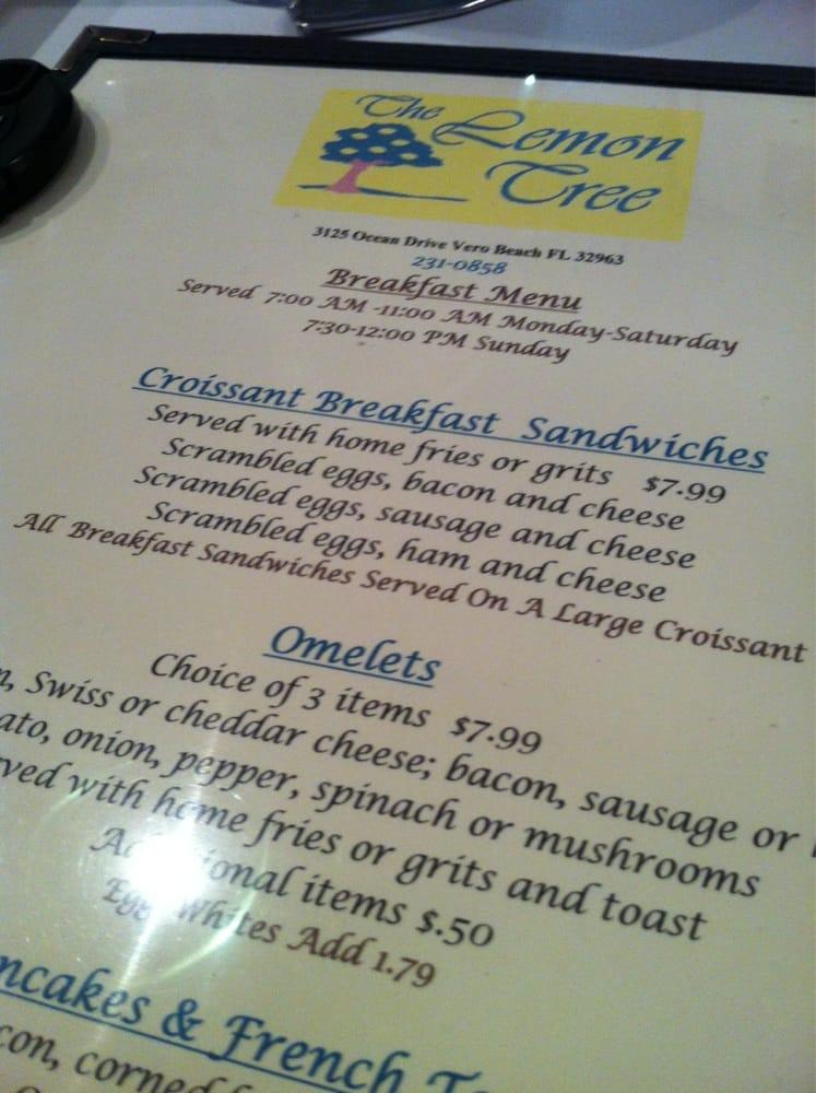 Menu at The Lemon Tree restaurant, Vero Beach