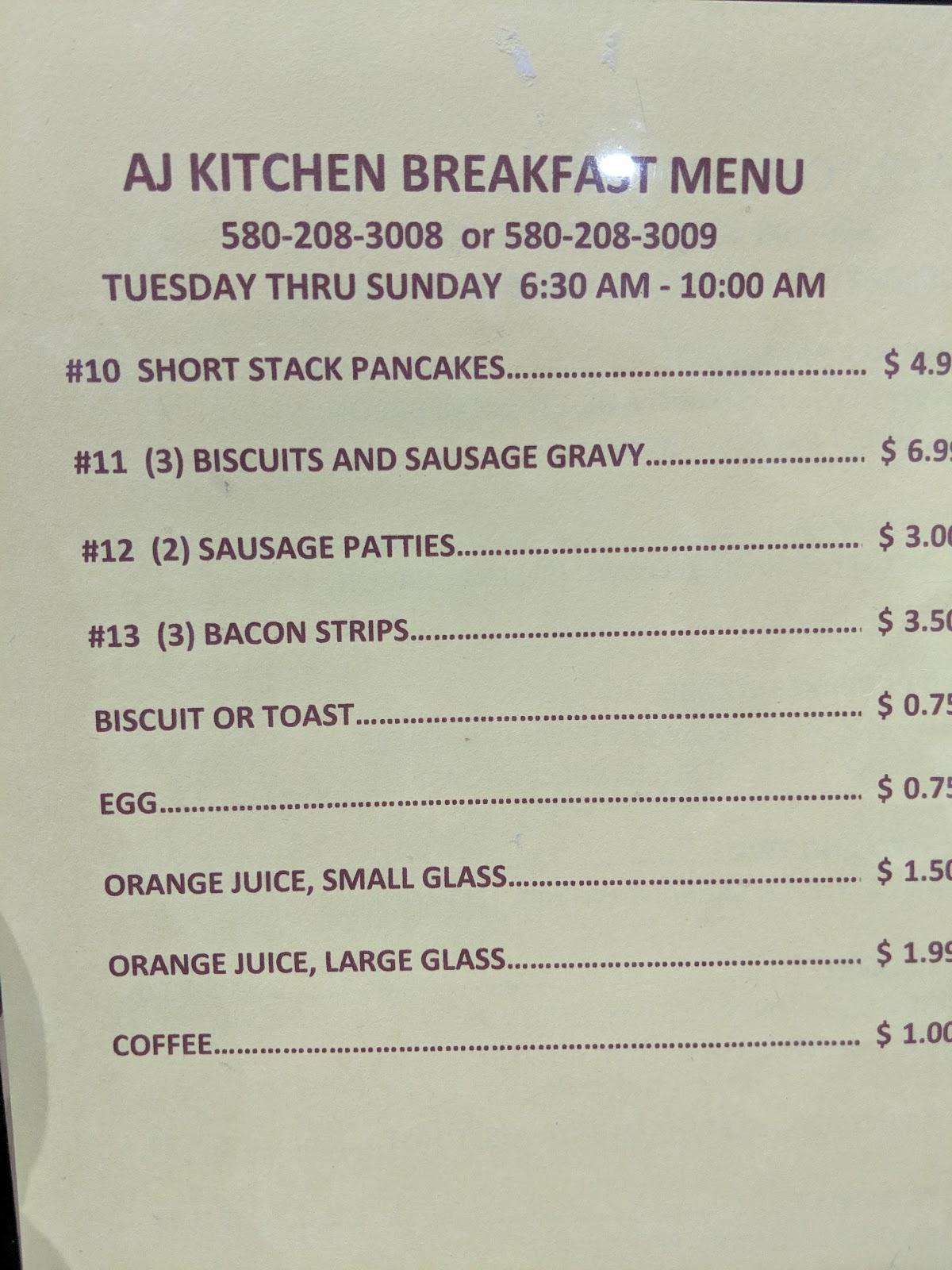Menu at AJ's Kitchen restaurant, Idabel