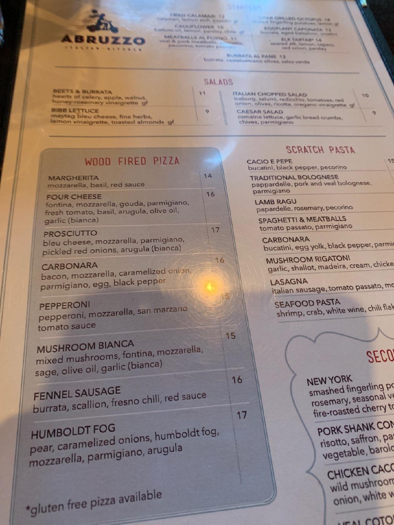 Menu at Abruzzo Italian Kitchen restaurant, Whitefish