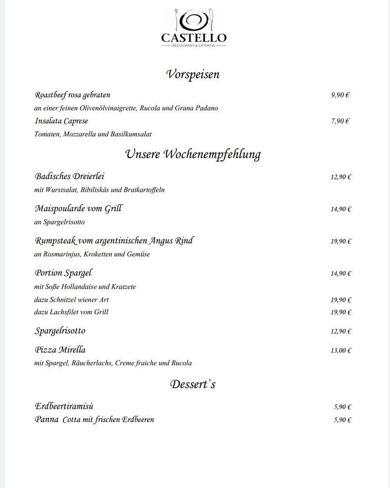 Menu at Castello Restaurant Pizzeria Catering, Bötzingen