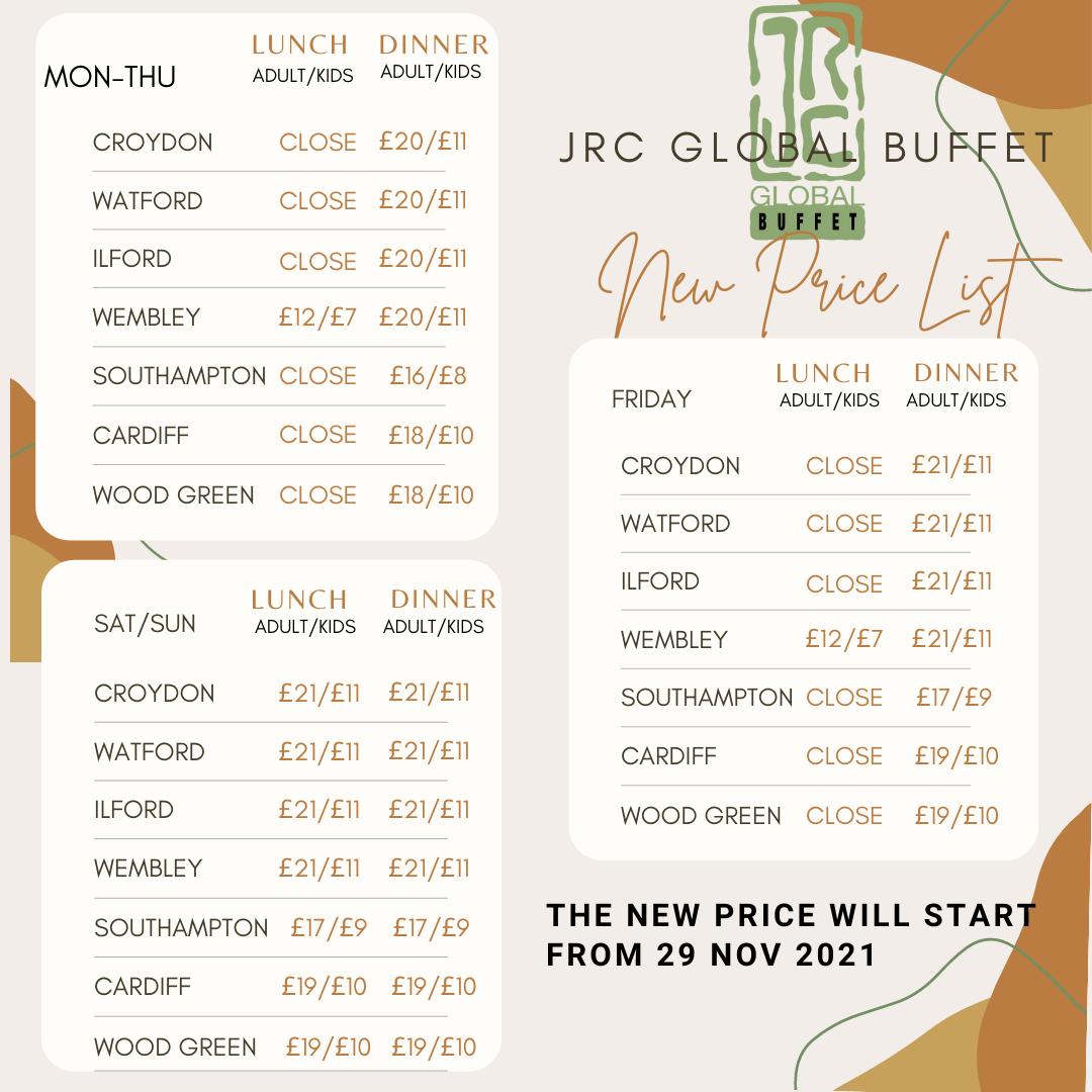 Menu at JRC Global Buffet restaurant, Watford, 23-33 The Parade