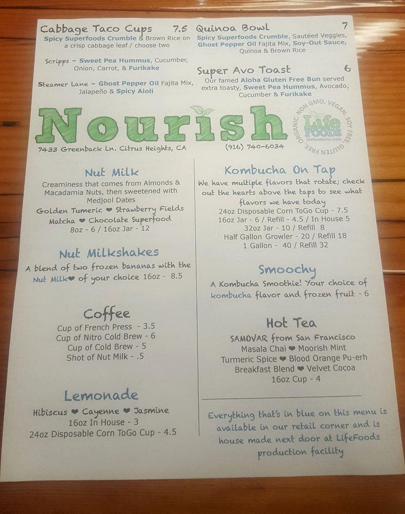 Menu at Nourish Health Bar and Cafe, Citrus Heights