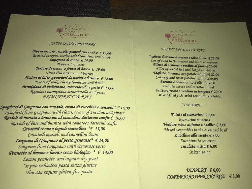 Carta del restaurante Osteria Ca' del Vento, Venecia