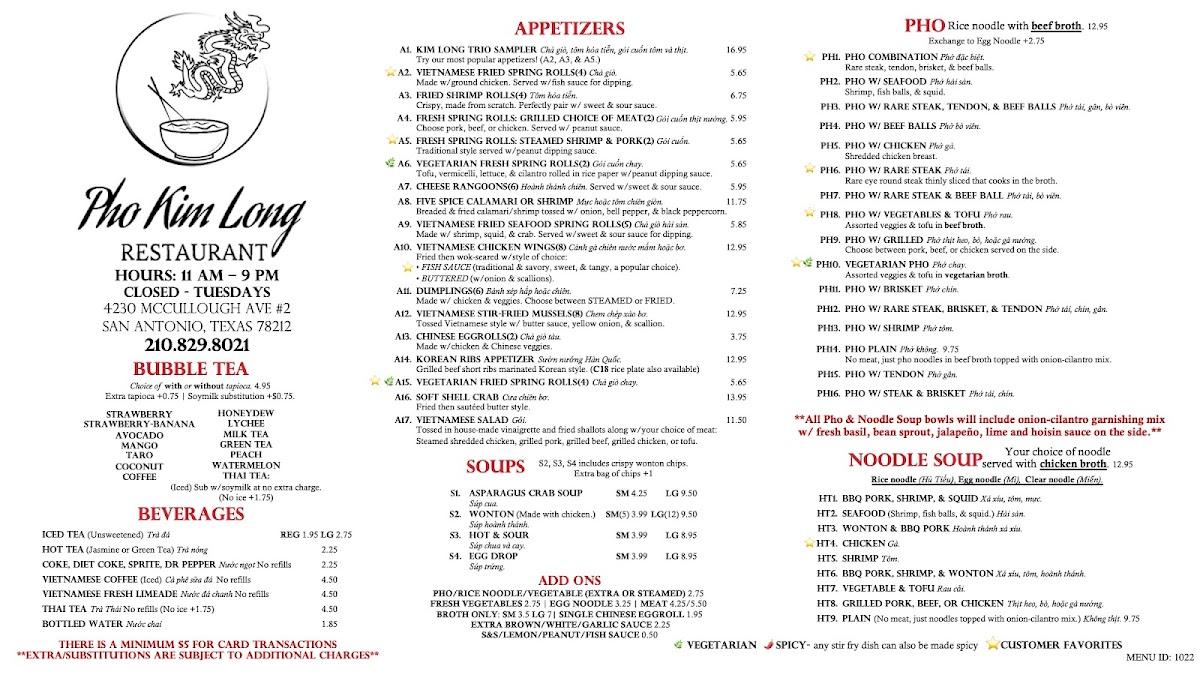 Menu at Pho Kim Long restaurant, San Antonio, McCullough Ave #2