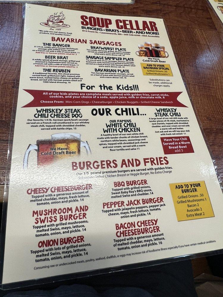 Menu at The Soup Cellar restaurant, Leavenworth