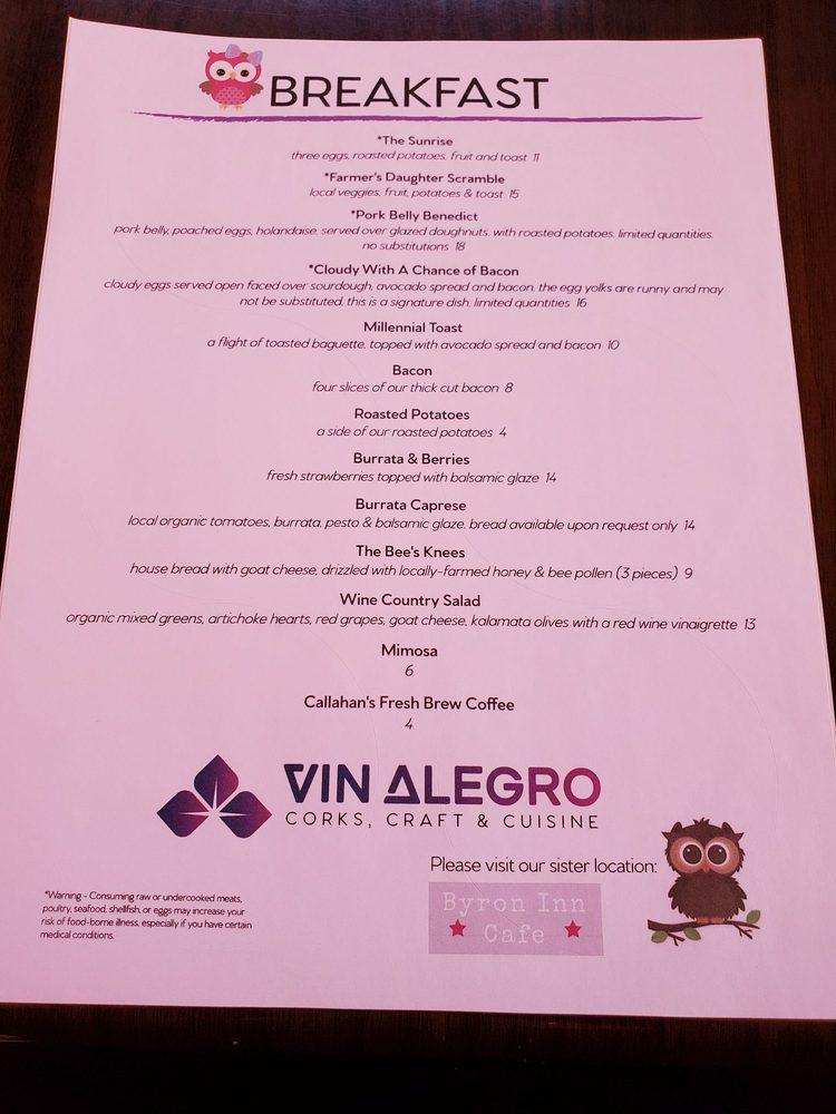 Menu at Vin Alegro restaurant, Discovery Bay
