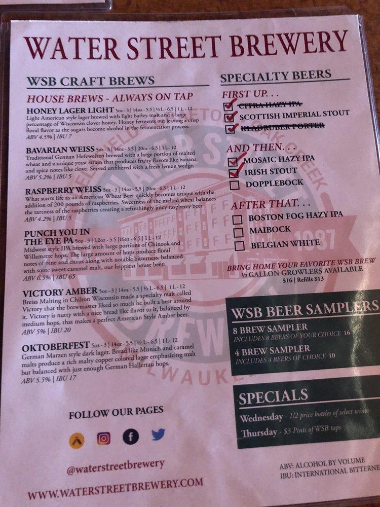 Menu at Water Street Brewery pub & bar, Delafield