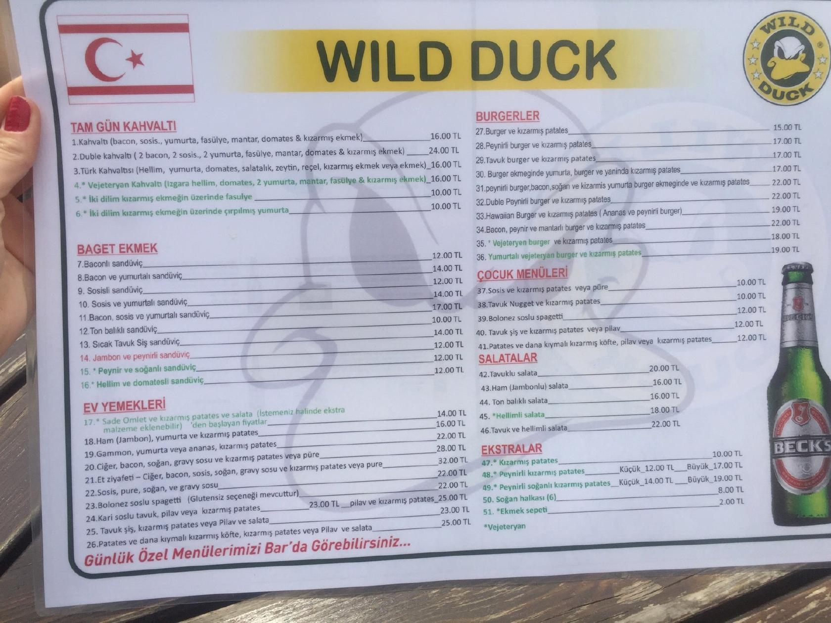 Menu at Wild Duck, Lapta