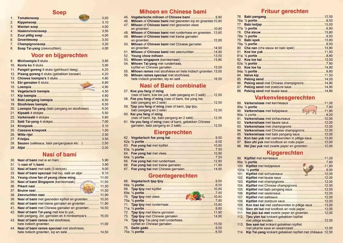Speisekarte von Chinees-Indisch Restaurant Tai-Yang, Tilburg