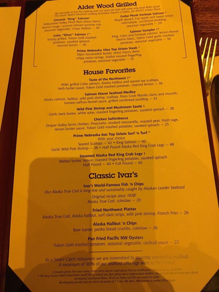 Menu at Ivar's Salmon House restaurant, Seattle