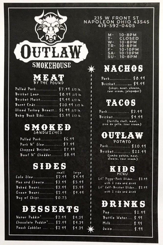 Menu at Outlaw Smokehouse BBQ, Napoleon