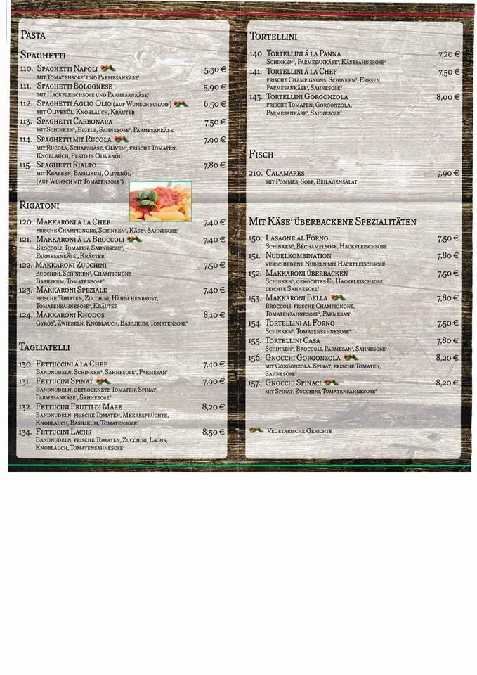 Speisekarte von Pizzeria Rialto, Vellmar