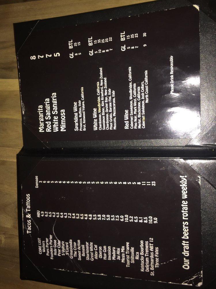 Menu at Tacos & Tattoos restaurant, Miami, SW 104th St