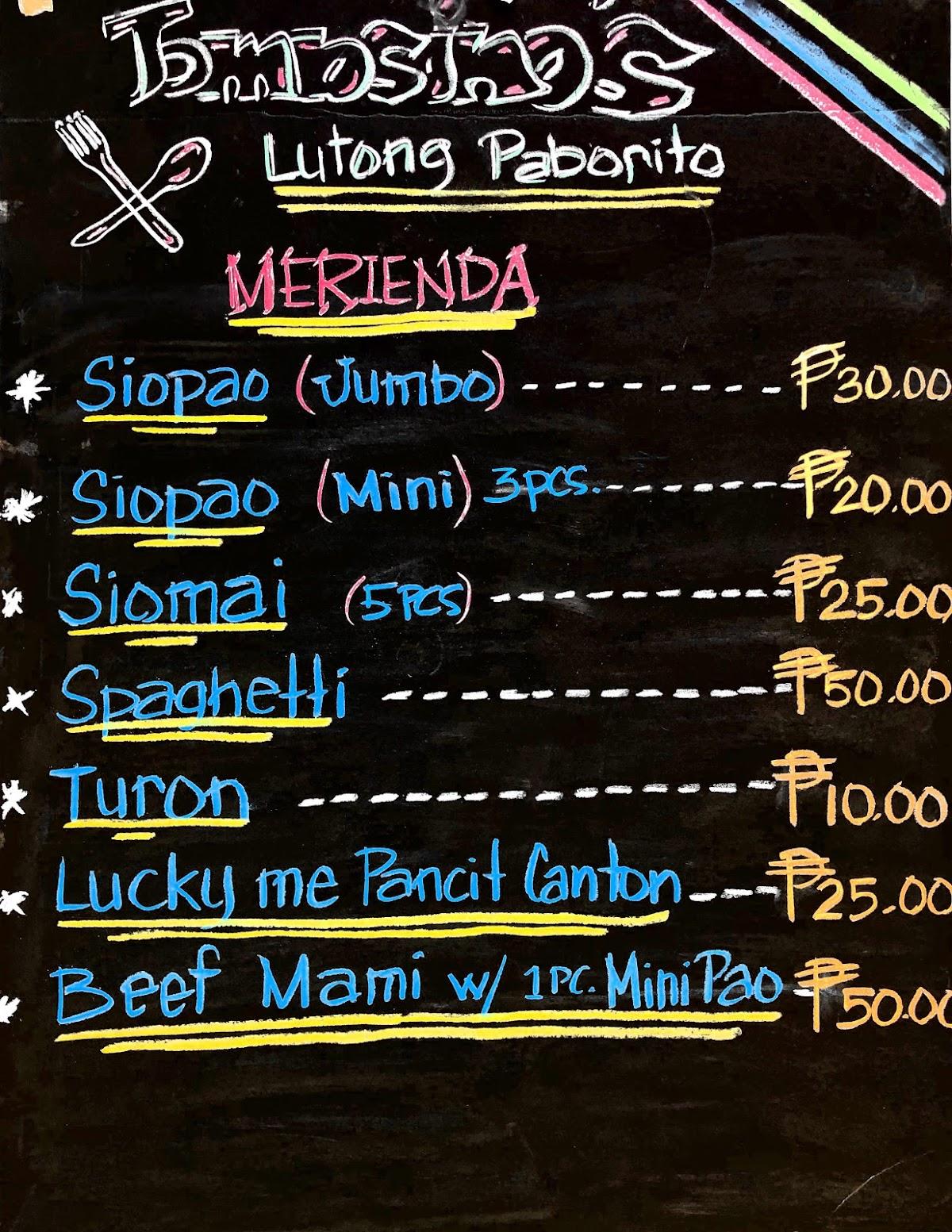 Menu at Tomasino's Lutong Paborito restaurant, Makati