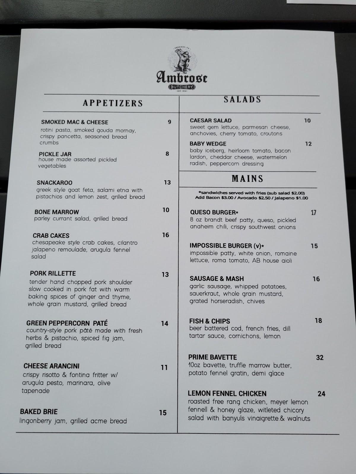 Menu at Ambrose Butchery restaurant, Fremont