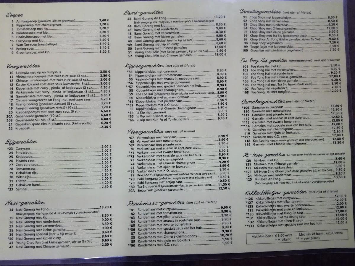 Menu at An Fong, Rijkevorsel