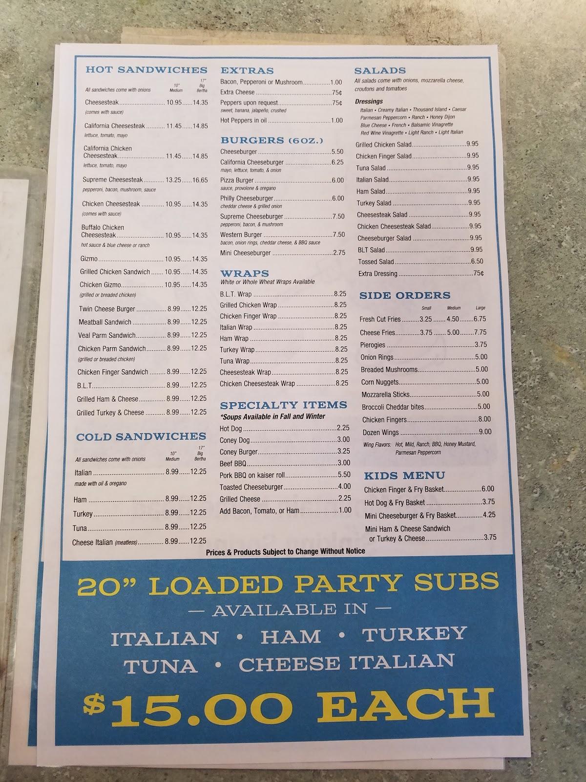 Menu at Big Bertha's Grill restaurant, Sinking Spring
